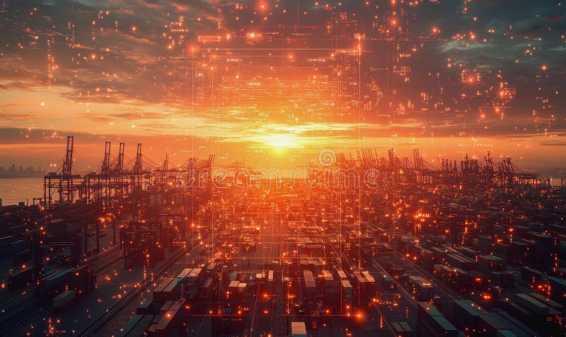 Digital Trade Interface with Data Streams, Maps, and a Port Scene ...