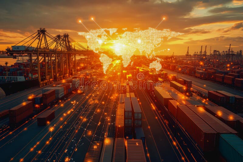 Digital Trade Interface with Data Streams, Maps, and a Port Scene ...