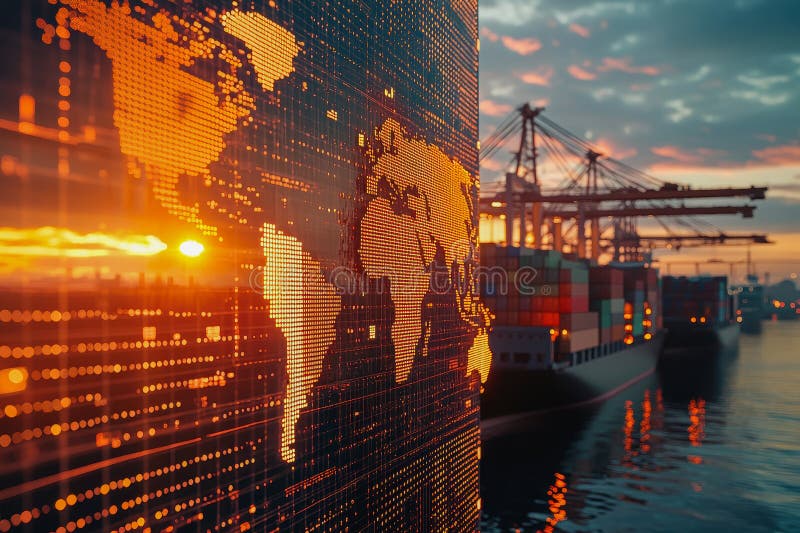 Digital Trade Interface with Data Streams, Maps, and a Port Scene ...