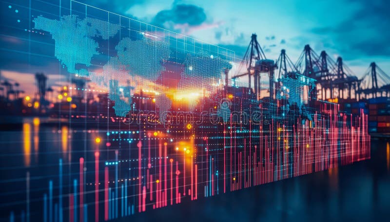 Digital Trade Interface with Data Streams, Maps, and a Port Scene ...