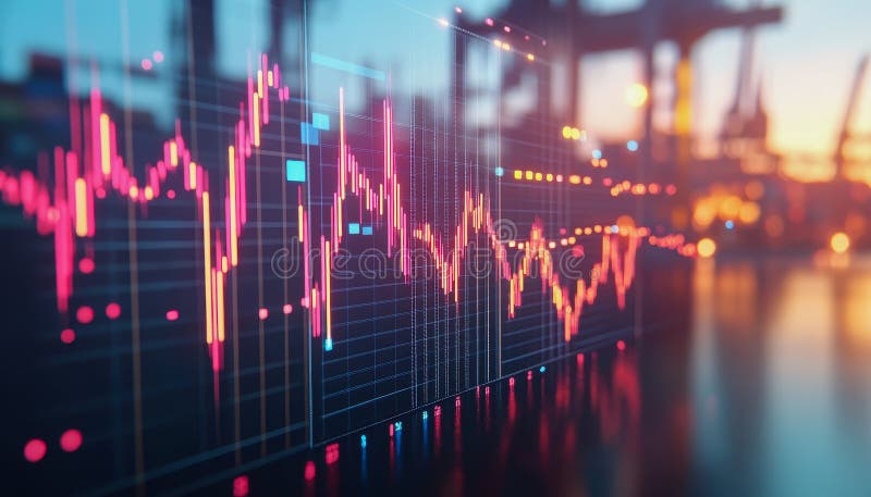 Digital Trade Interface with Data Streams, Maps, and a Port Scene ...