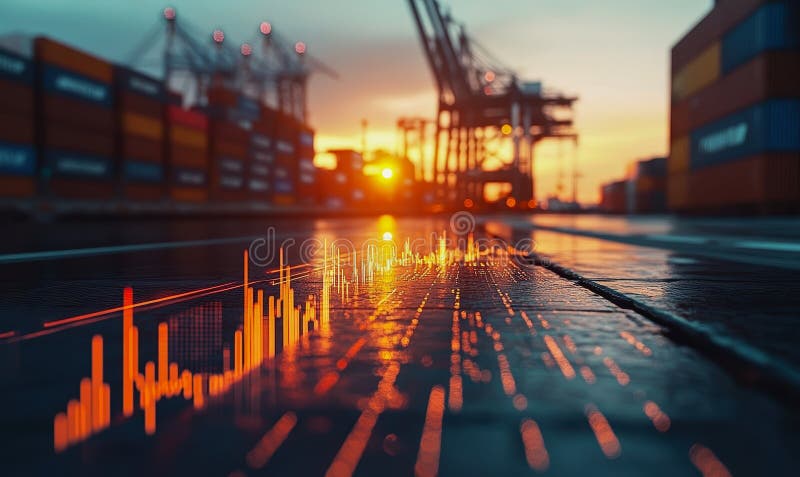 Digital Trade Interface with Data Streams, Maps, and a Port Scene ...