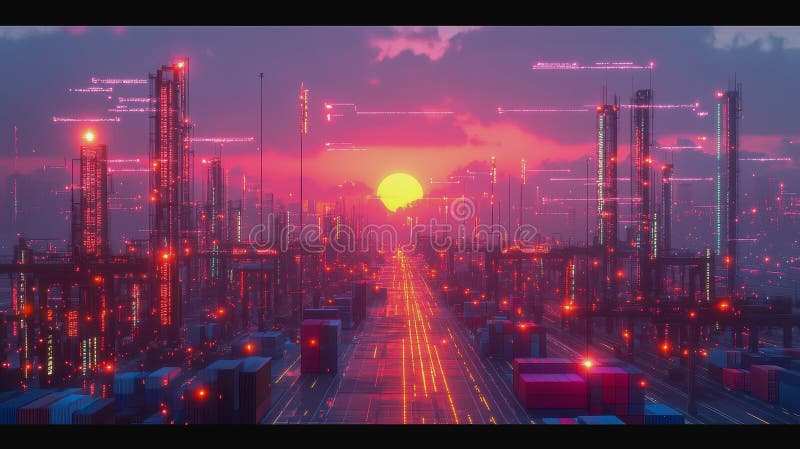 Digital Trade Interface with Data Streams, Maps, and a Port Scene ...