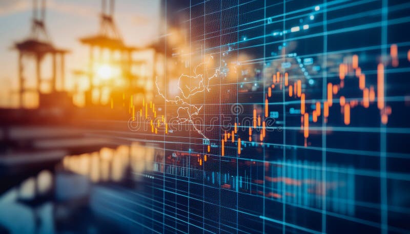 Digital Trade Interface with Data Streams, Maps, and a Port Scene ...