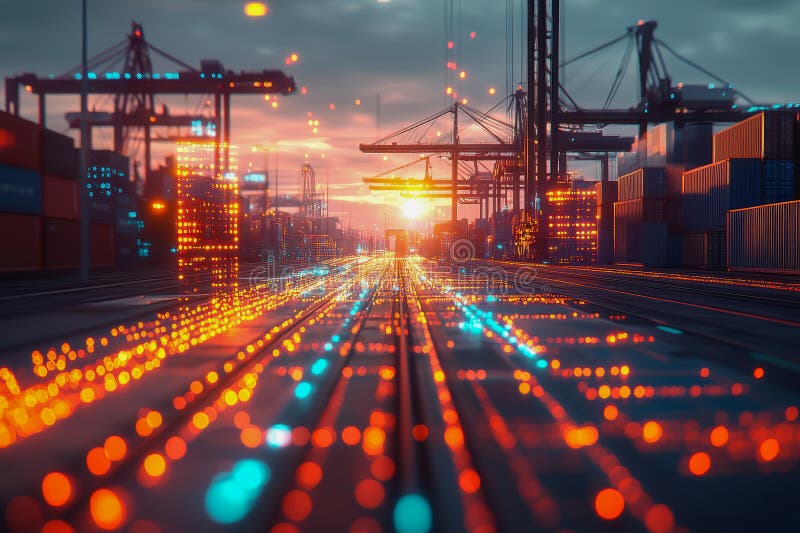 Digital Trade Interface with Data Streams, Maps, and a Port Scene ...