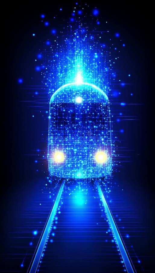 Digital Train on Blue Technology Background, Abstract Light Rail Icon ...
