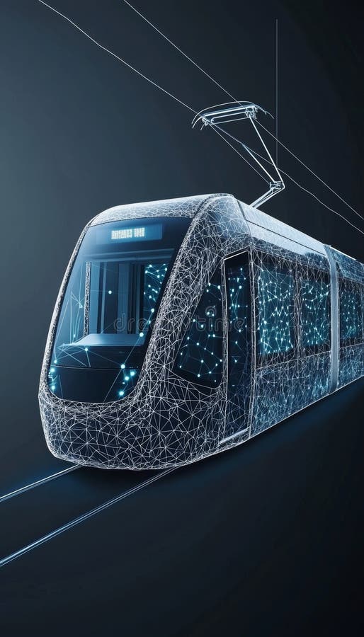 Digital Tram on Blue Background, Abstract Light Rail Icon with Lines ...
