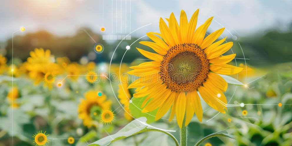 Digital Transformation in Agriculture. Sunflower Bloom with Data ...