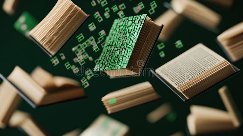 Digital Transformation Books Floating in Green Code Stock Image - Image ...