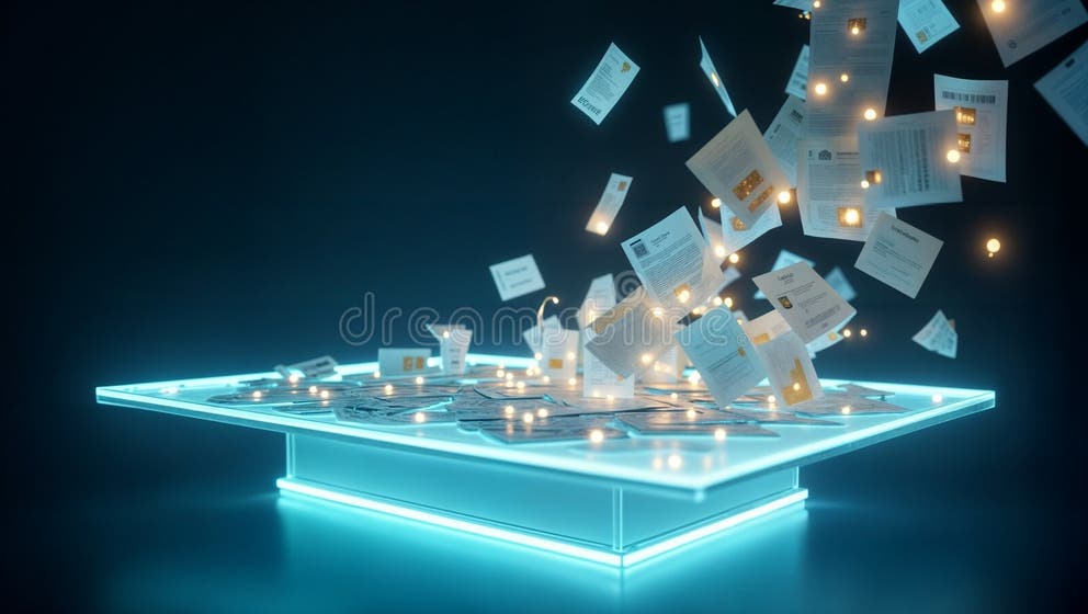 Digital Transformation Concept with Data Documents Rising from Glowing ...