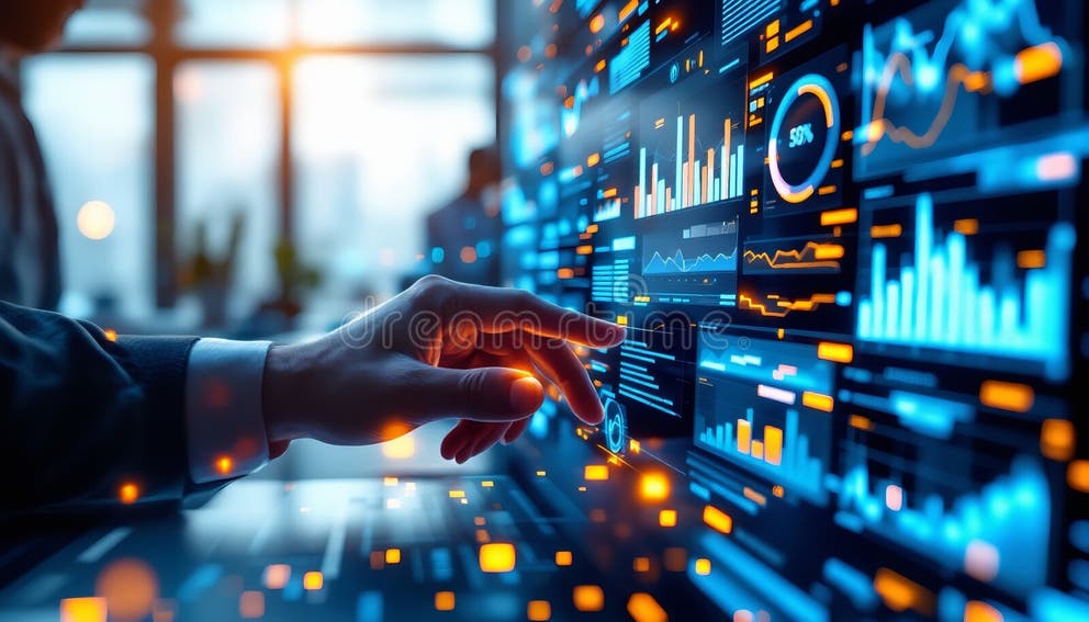 Digital Transformation: a Hand Interacting with a Futuristic Data Visualization Interface Stock ...