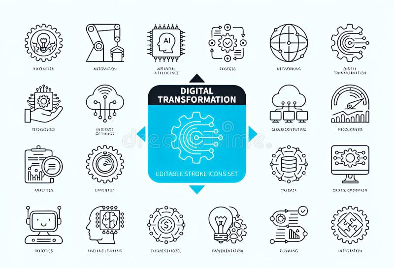 Digital Transformation Icons Set with Descriptions Illustration Stock ...