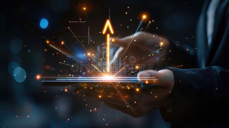 Digital Transformation and Innovation Concept, Glowing Arrow on Tablet ...