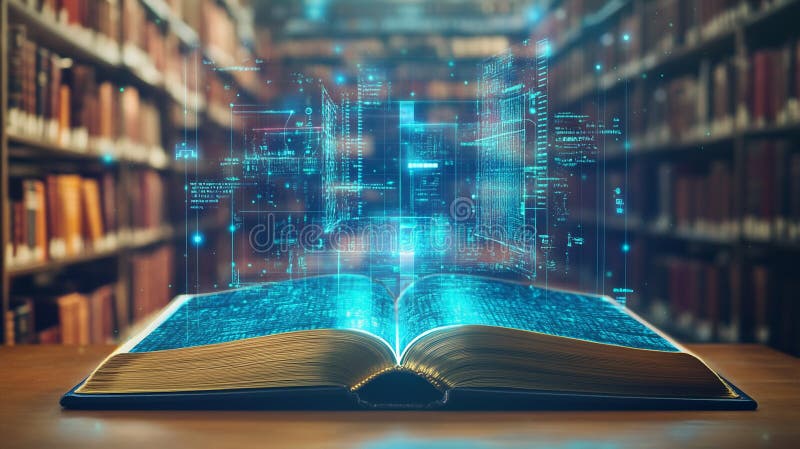 Digital Transformation of Knowledge Open Book with Glowing Data Stream ...