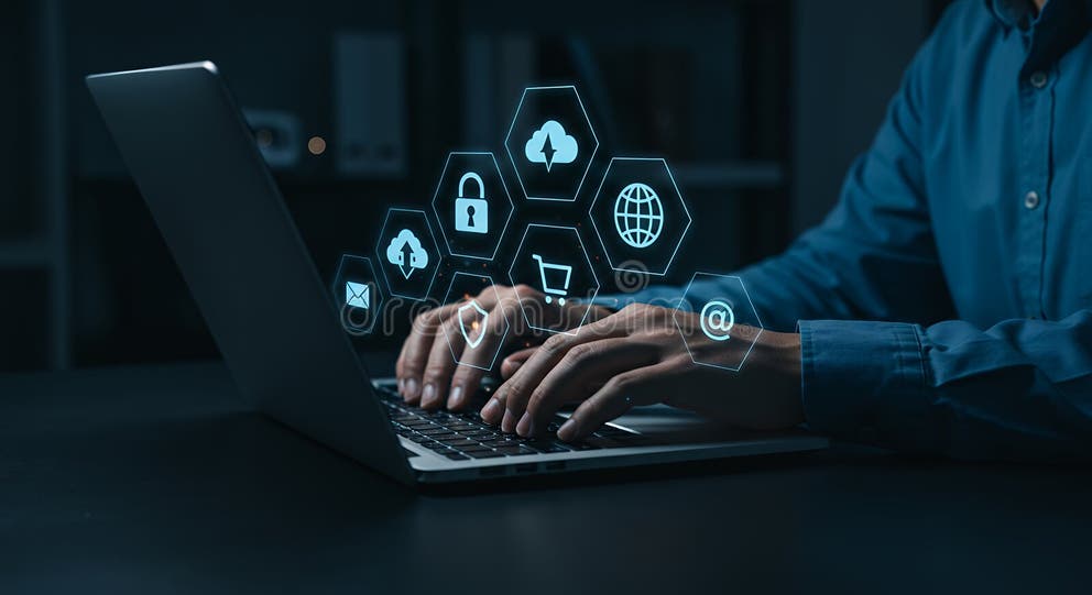 Digital Transformation: Man on Laptop with Cloud Computing, Security ...