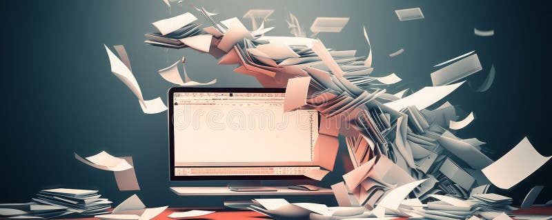 Digital Transformation: Paperless Office Made Easy. Many Papers Being Sucked into Computer ...
