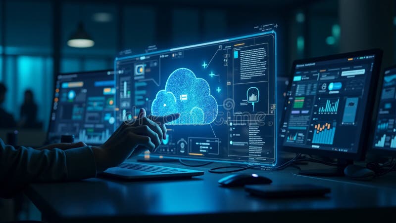 Digital Transformation Scene with AI Analytics, Cloud, Holograms, and Tech Strategy Elements ...