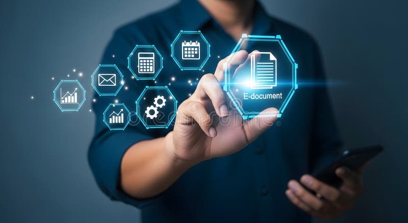 Digital Document Management System. Man Touching E-document Icon for ...