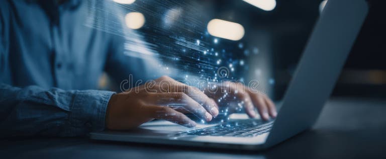 The Digital Transformation of Typing on a Laptop with Glowing Effects ...