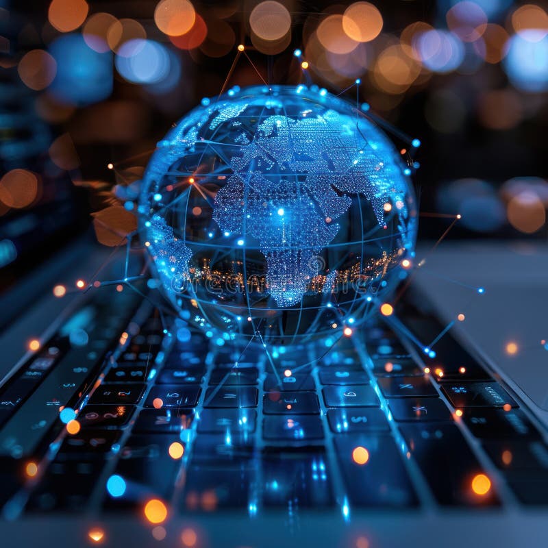 Digital Transparent Globe Above an Open Laptop Computer, with Data ...