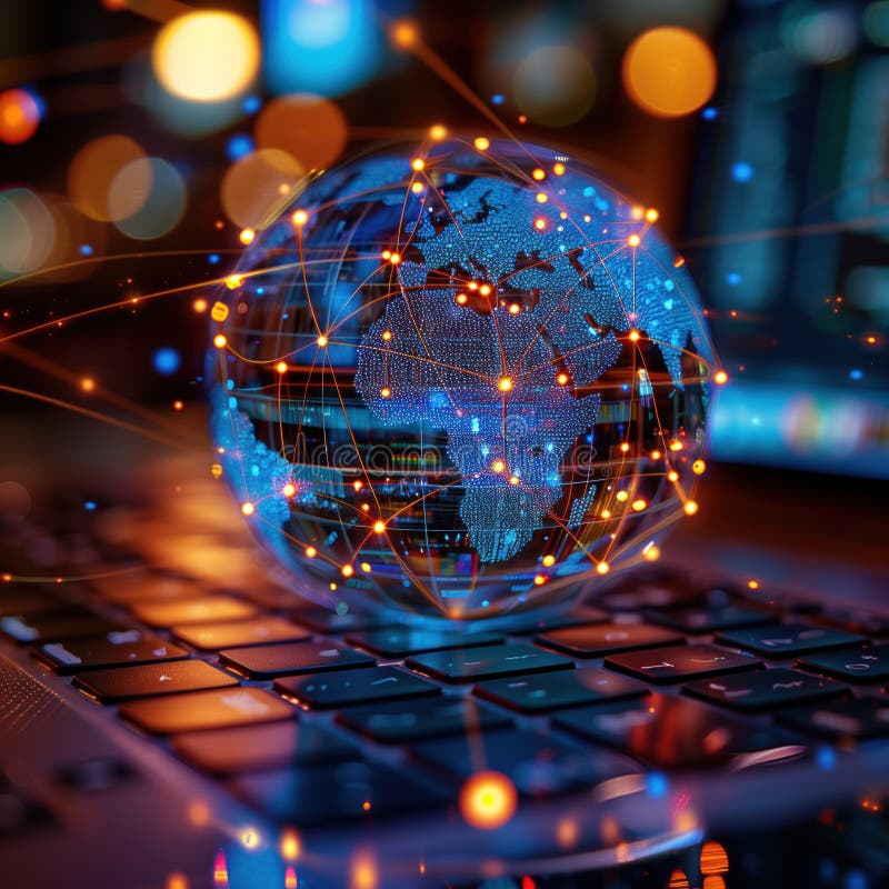 Digital Transparent Globe Above an Open Laptop Computer, with Data ...