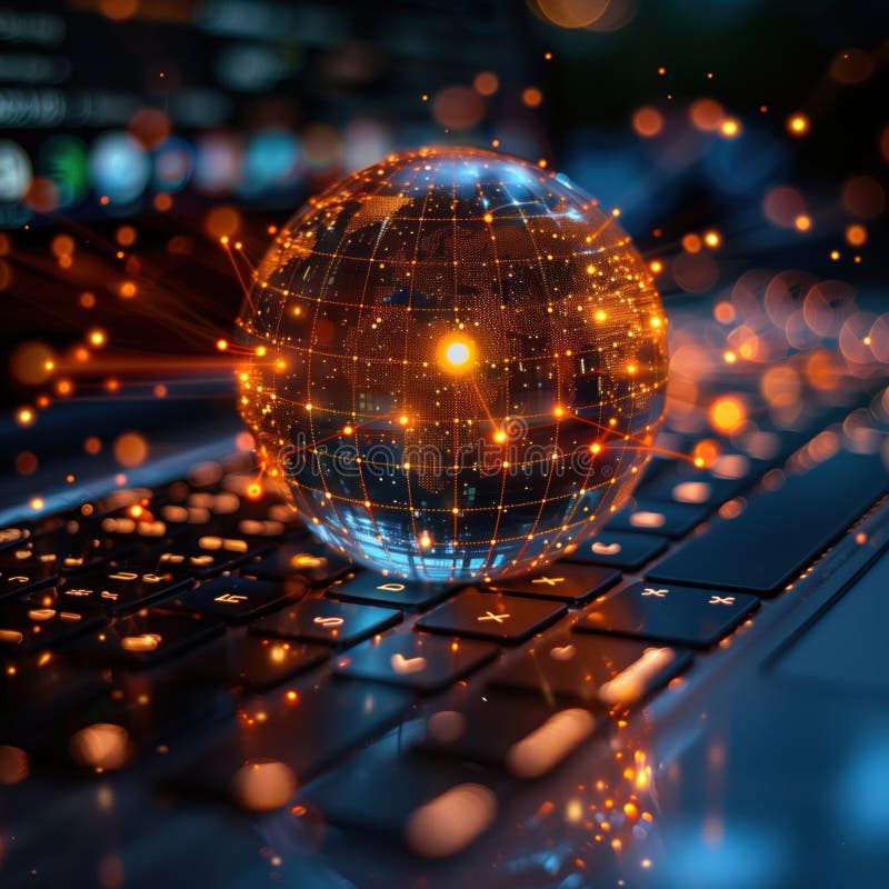 Digital Transparent Globe Above an Open Laptop Computer, with Data ...