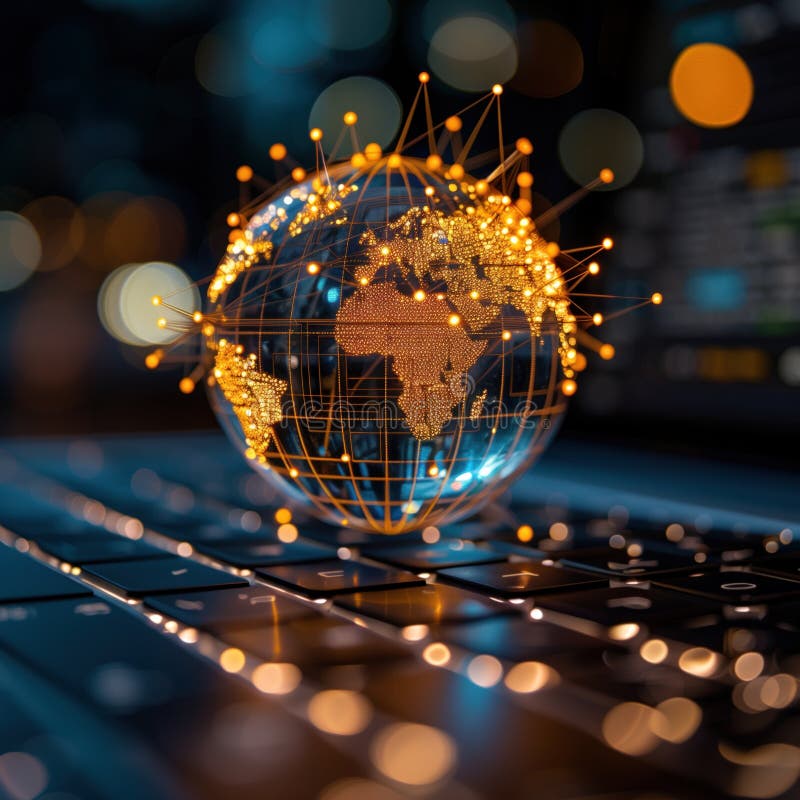 Digital Transparent Globe Above an Open Laptop Computer, with Data ...
