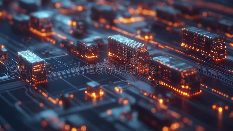 Digital Transportation Network with Glowing Trucks on Circuit Board ...