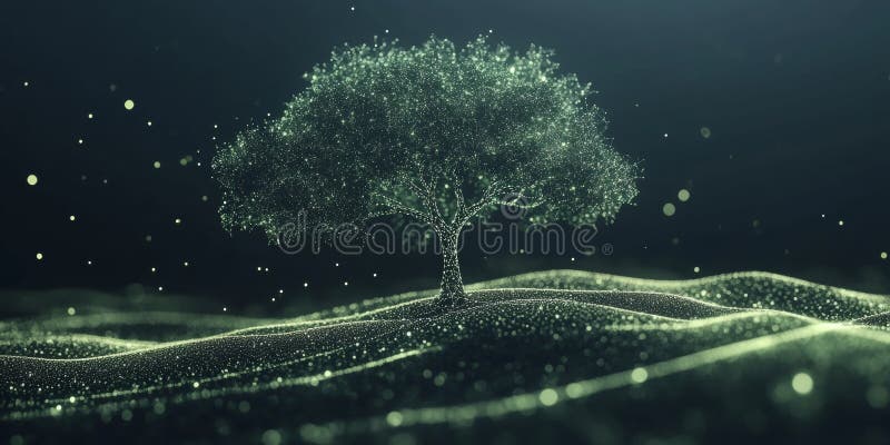 Digital Tree Against Dark Background with Glowing Particles ...