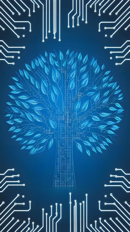 Digital Tree with Binary Code Leaves on Blue Background with Circuit Board Patterns Stock ...