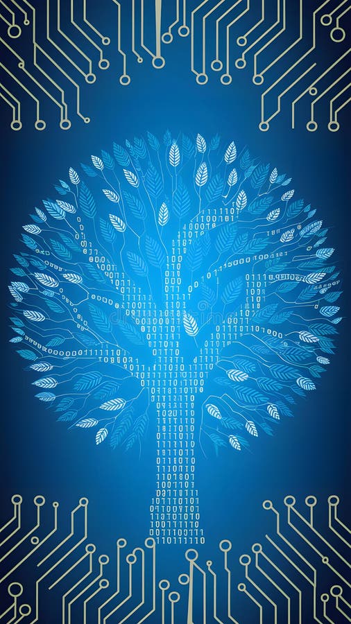 Digital Tree with Binary Code Leaves on Blue Background with Circuit ...