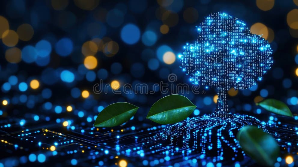 Digital Tree with Binary Code Symbolizing Technology and Nature Integration at Night Stock ...