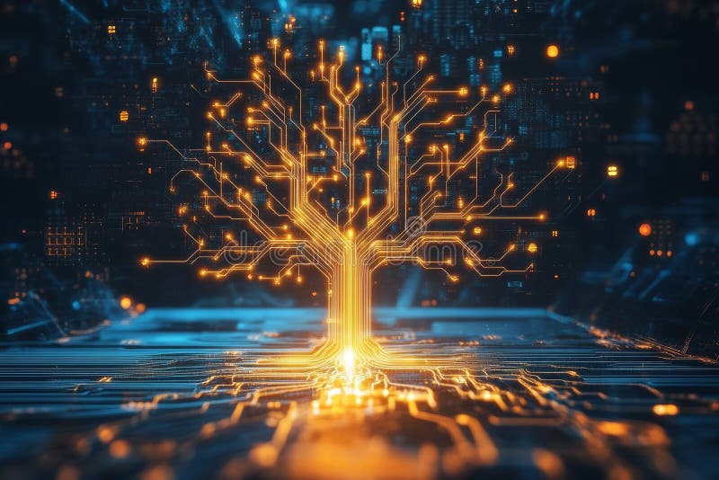 Digital Tree with Branching Circuitry Emerging from a Microchip. Stock ...