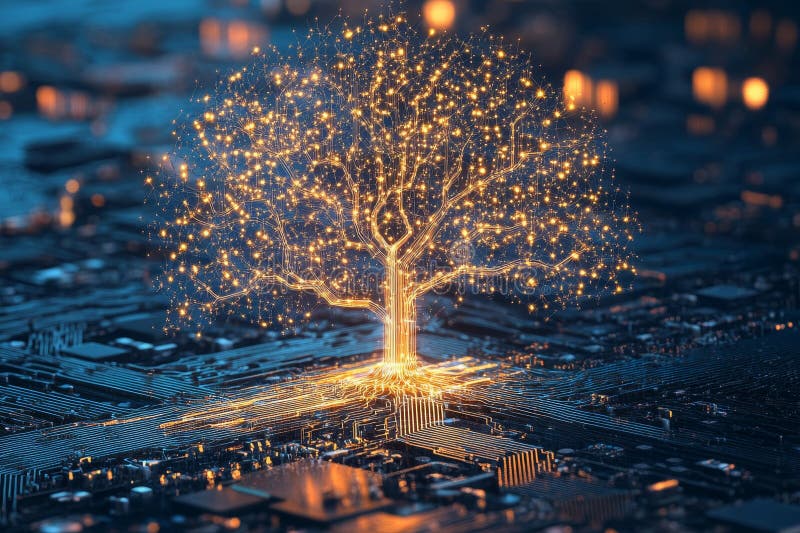 Digital Tree with Branching Circuitry Emerging from a Microchip. Stock ...