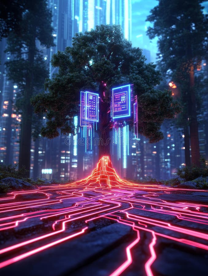 Digital Tree in Cityscape Futuristic Tree Glowing Data Streams Urban ...
