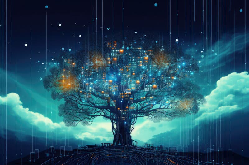 Digital Tree with Glowing Branches. Generative AI Stock Illustration ...