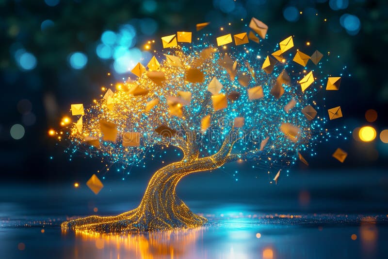 A Digital Tree with Glowing Branches and Golden Envelopes, Symbolizing Connectivity and Growth ...