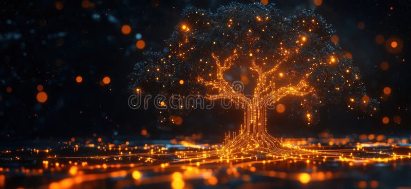 Digital Tree with Glowing Circuits and Lights Representing Technology ...