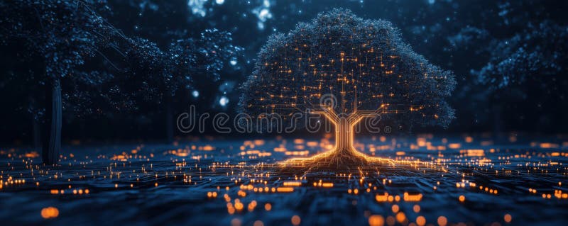 Digital Tree with Glowing Circuits and Lights Representing Technology ...