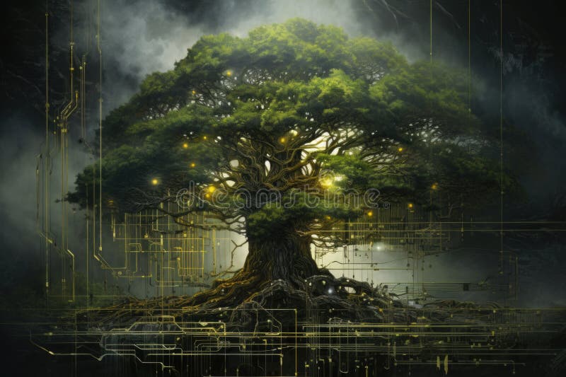 Digital Tree with Glowing Branches. Generative AI Stock Illustration ...