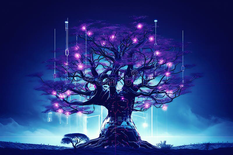 Digital Tree with Glowing Connection Lines in Branches. Technology ...