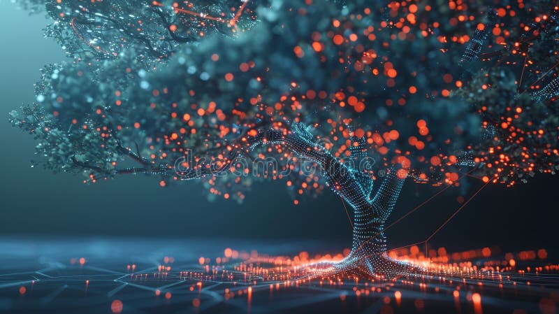 A Digital Tree with Glowing Connection Lines in Its Branches, Ai ...