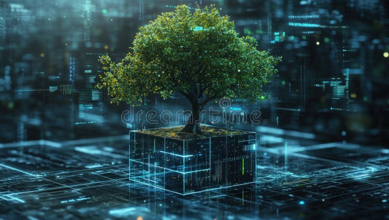 Digital Tree in a Glowing Cube Stock Illustration - Illustration of ...