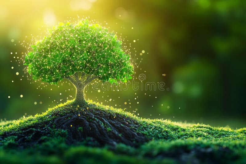 Digital Tree with Glowing Interconnected Nodes and Roots Growing on a ...