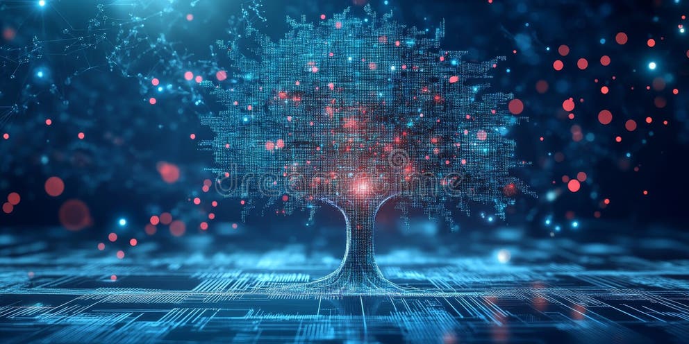 Digital Tree with Glowing Nodes in Futuristic Technology Landscape ...