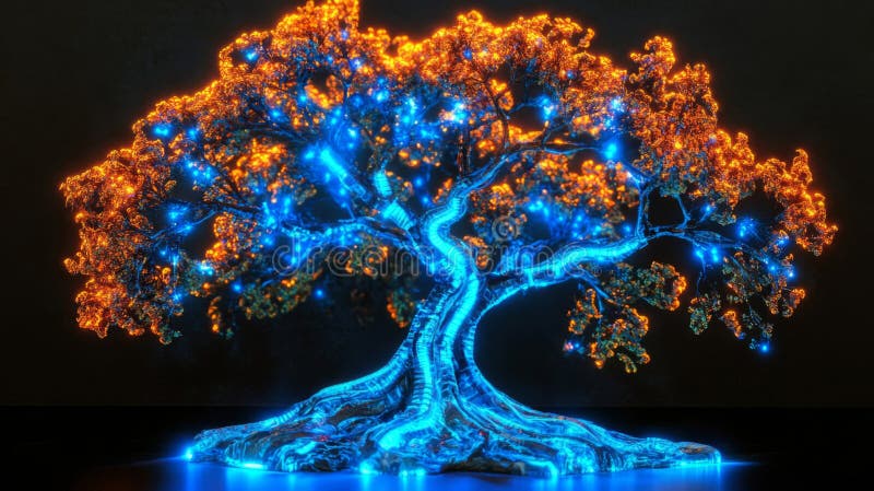 Digital Tree with Glowing Orange and Blue Light Artificial Intelligence ...