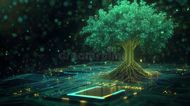 Digital Tree with Glowing Roots on Technology Circuit Stock ...