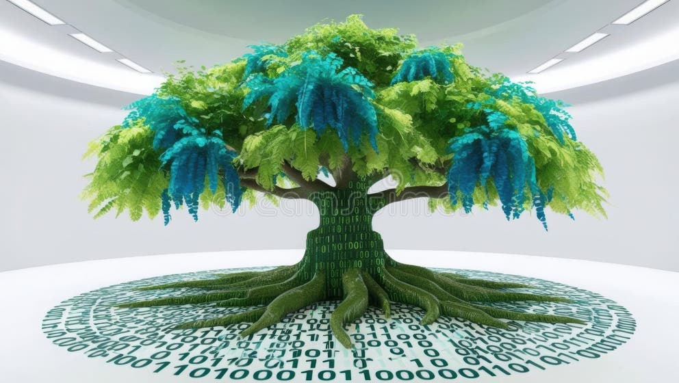 Digital Tree Growing from Binary Code Roots, Featuring Vibrant Green ...