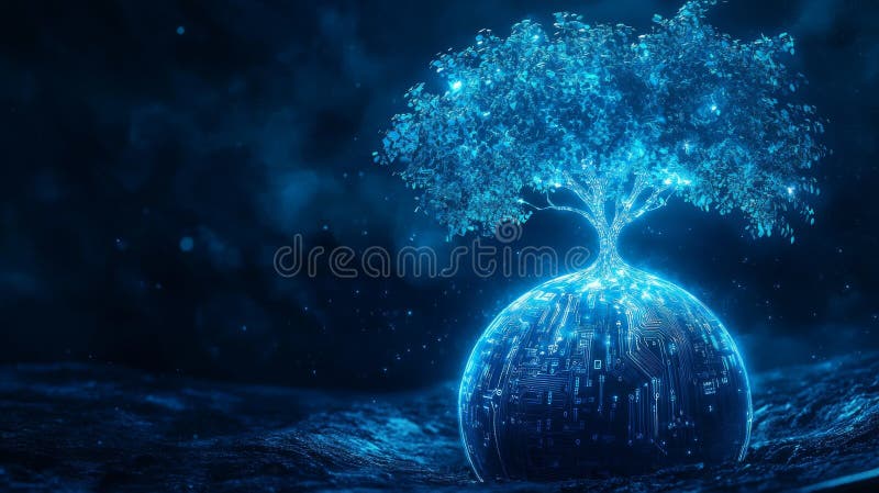 Digital Tree Growing from Futuristic Glowing Sphere Stock Photo - Image ...