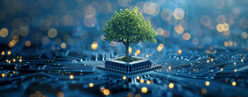 Digital Tree Growing on a Microchip Depicting Technology and Nature ...